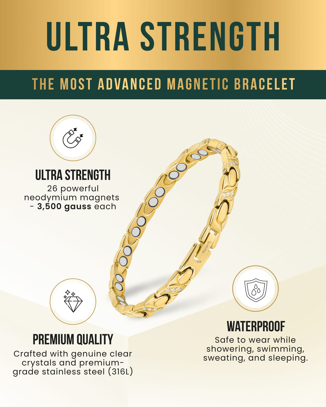 Gold Crystal XO Magnetic Bracelet Women | MagnetRX