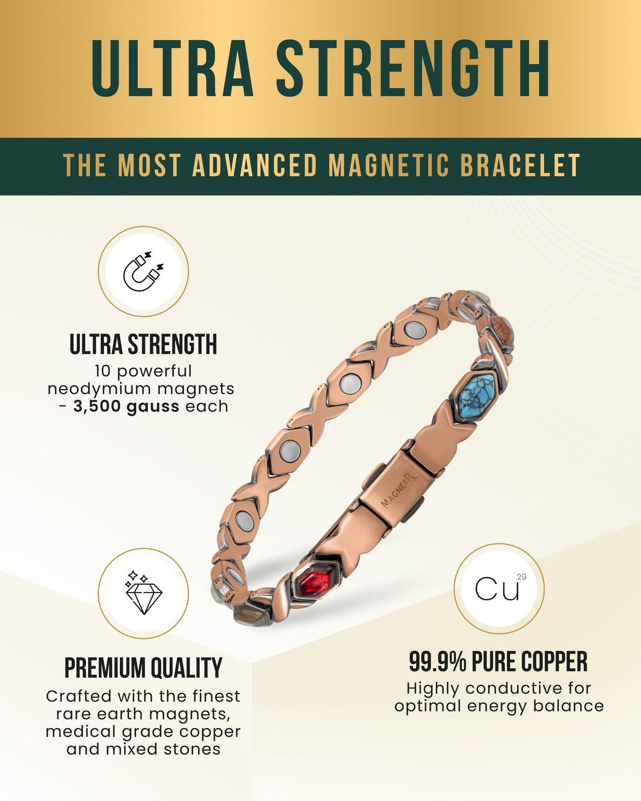 Women Ultra Strength Copper Magnetic Bracelet Mixed Stones
