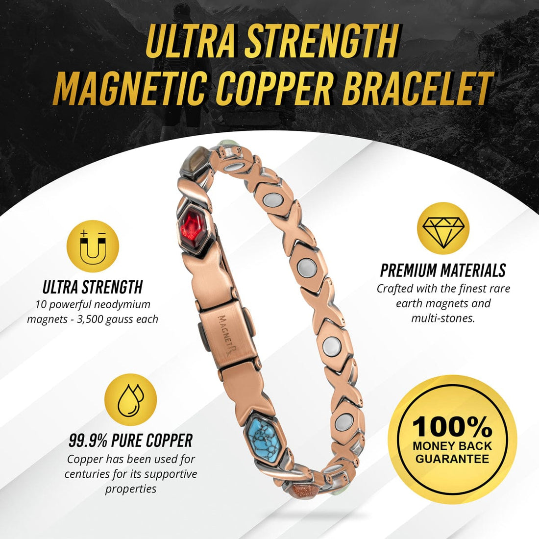 Women Ultra Strength Copper Magnetic Bracelet Mixed Stones